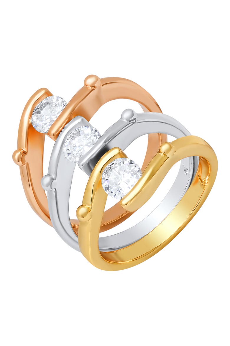 Sterling Silver Contemporary Tri Tone Simulated Diamodn Ring - Set of 3 ...