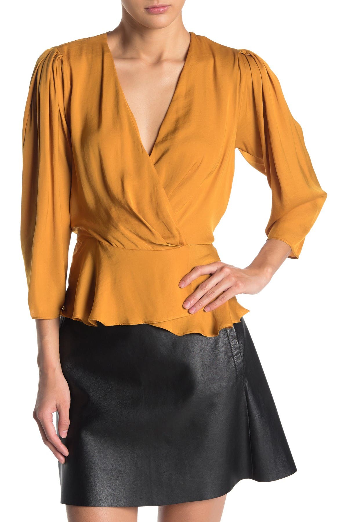 NAKED ZEBRA Satin 3/4 Sleeve Wrap Peplum Blouse | Nordstromrack