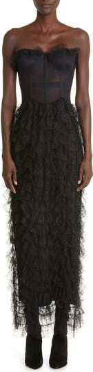 Brandon Maxwell The Rya Strapless Ruffle Lace Midi Dress | Nordstrom