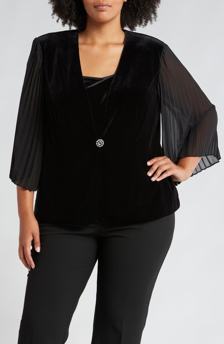 Alex Evenings Pleated Chiffon Sleeve Velvet Cardigan & Tank Set | Nordstrom