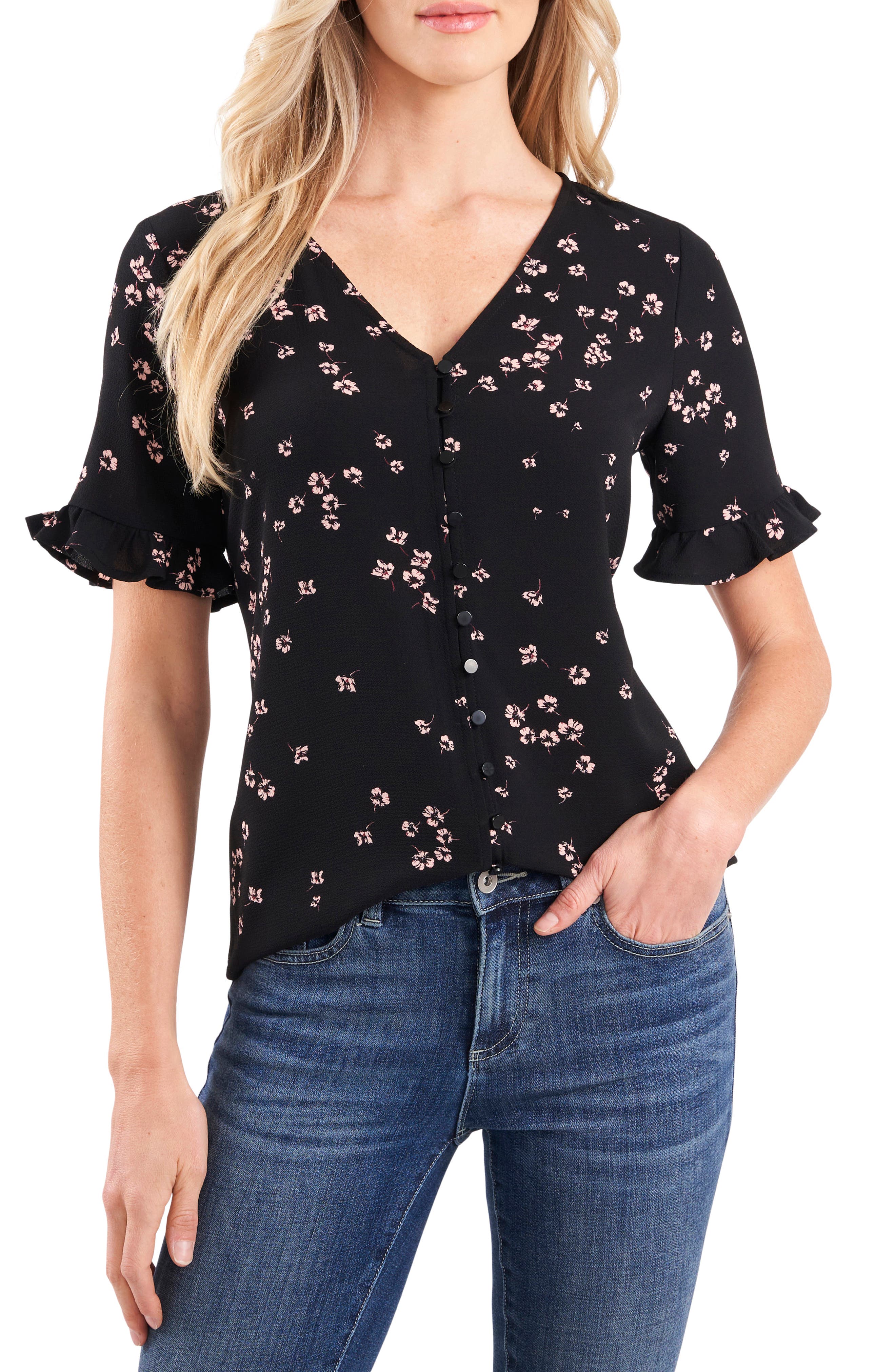 CeCe Cascading Floret Ruffle Sleeve Crepe Blouse | Nordstromrack
