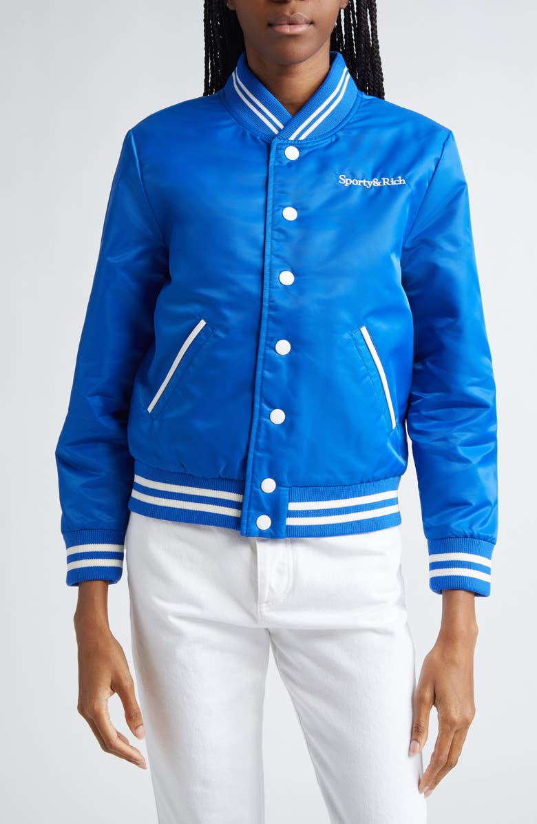 Sporty & Rich Wellness Club Embroidered Satin Varsity Jacket ...