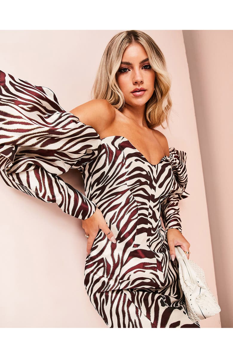 ASOS DESIGN Zebra Print Off the Shoulder Puff Long Sleeve Minidress ...