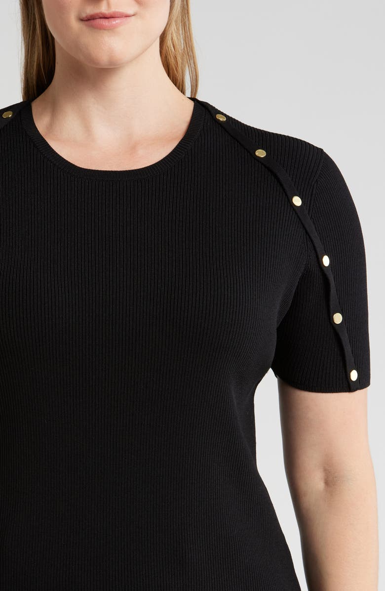 Anne Klein Rib Snap Trim Short Sleeve Crewneck Sweater | Nordstrom