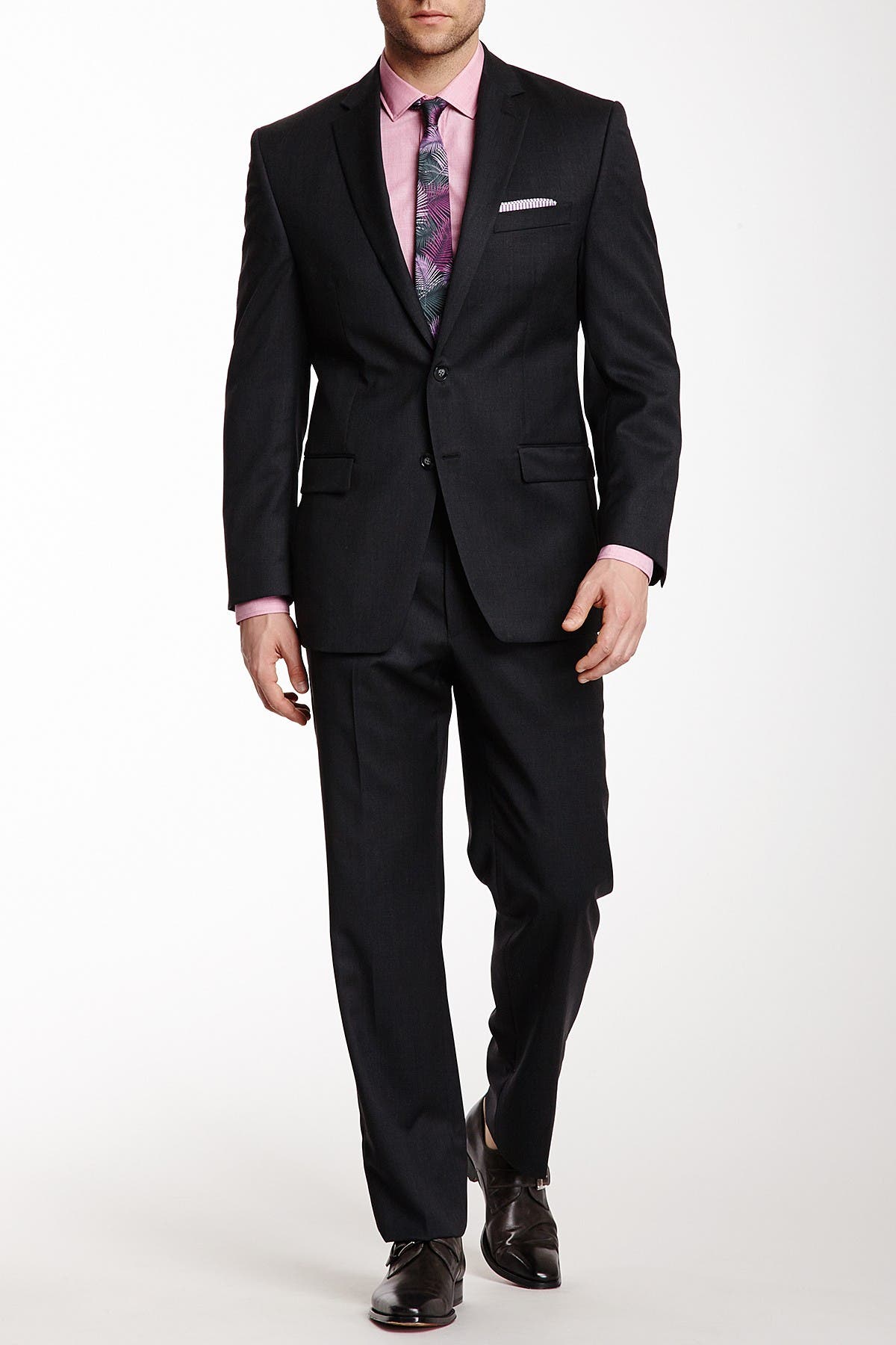 Calvin Klein Grey Sharkskin Two Button Notch Lapel Wool Suit ...