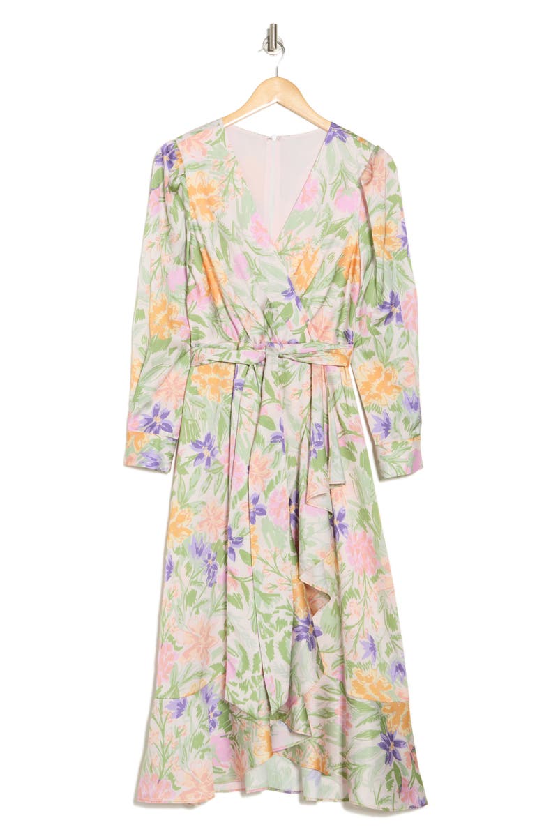 Tahari ASL Floral Print Tie Waist Long Sleeve Faux Wrap Midi Dress ...