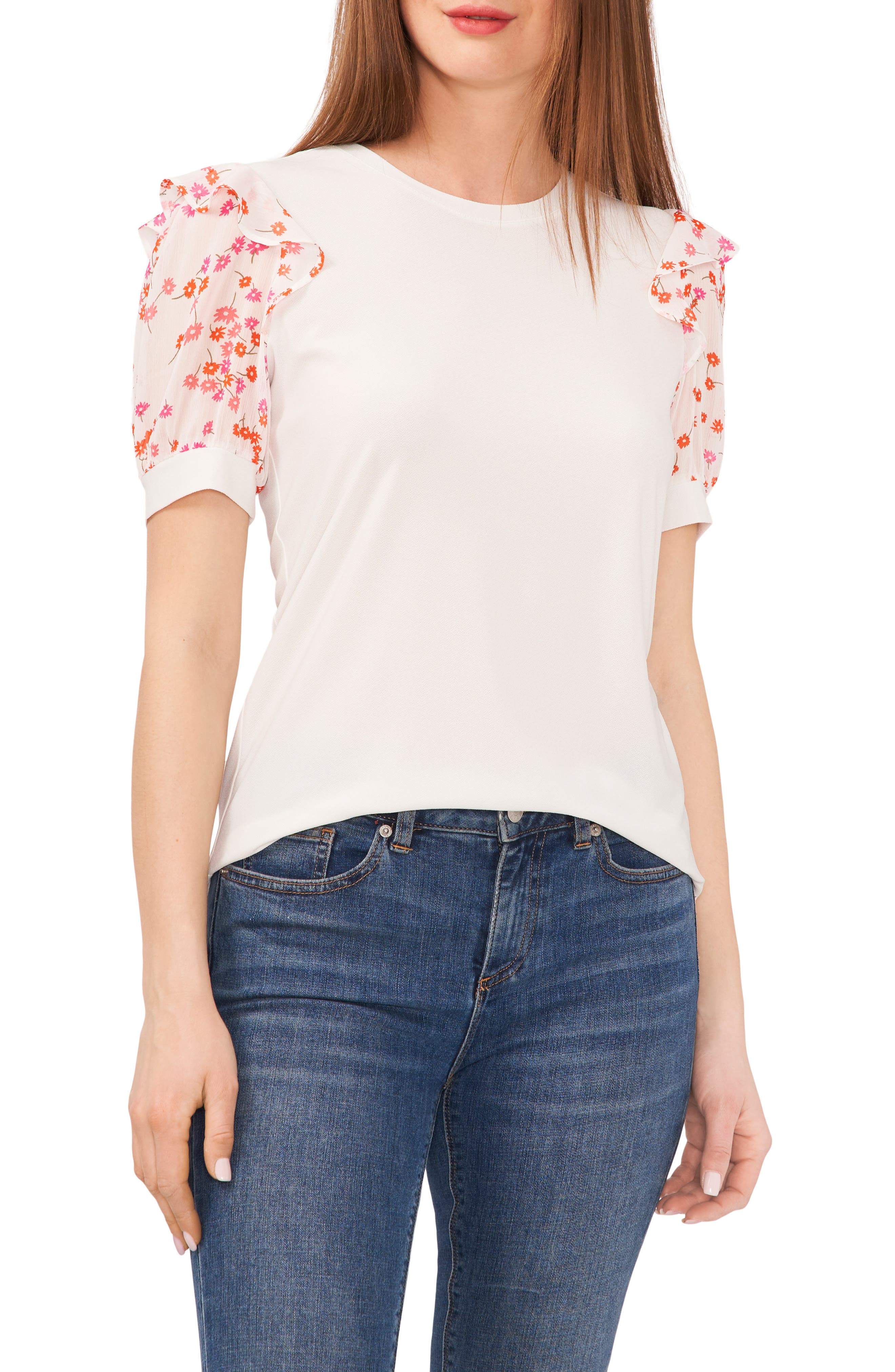 CeCe Scattered Ditsy Puff Sleeve Mixed Media Top | Nordstromrack