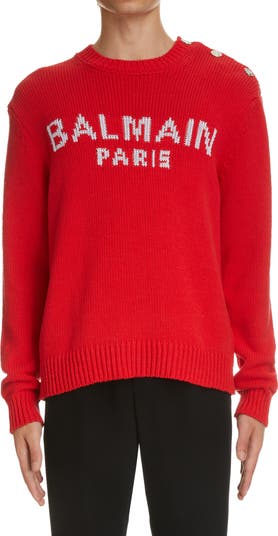 Balmain Intarsia Logo Button Shoulder Sweater | Nordstrom