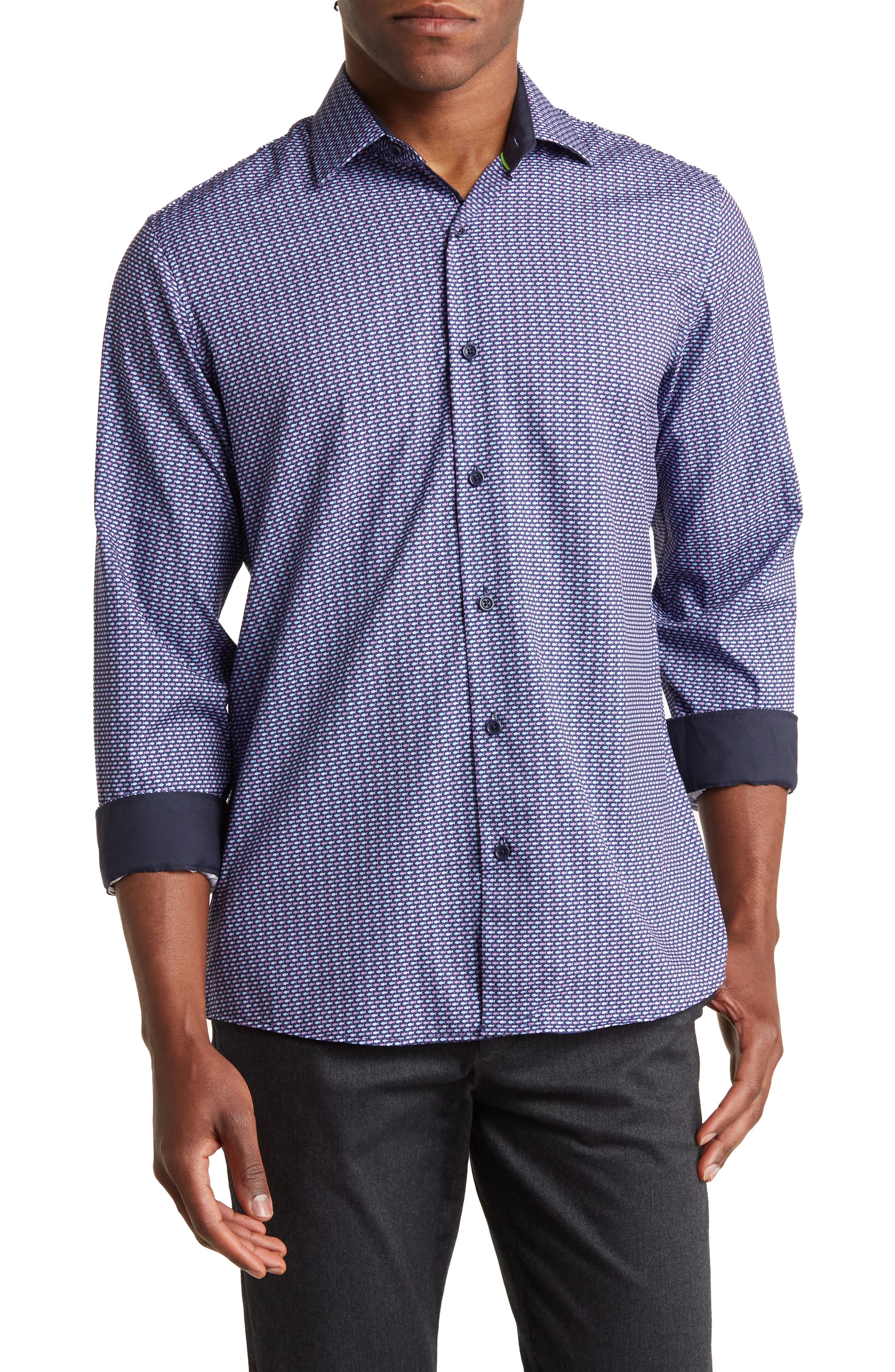 TOM BAINE Fish Print Long Sleeve Slim Fit 4-Way Stretch Shirt (Men ...