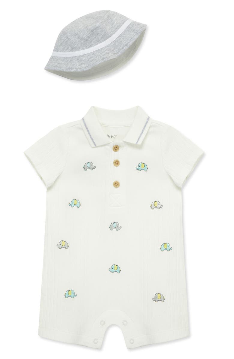 Little Me Elephant Embroidered Cotton Romper & Hat Set | Nordstromrack