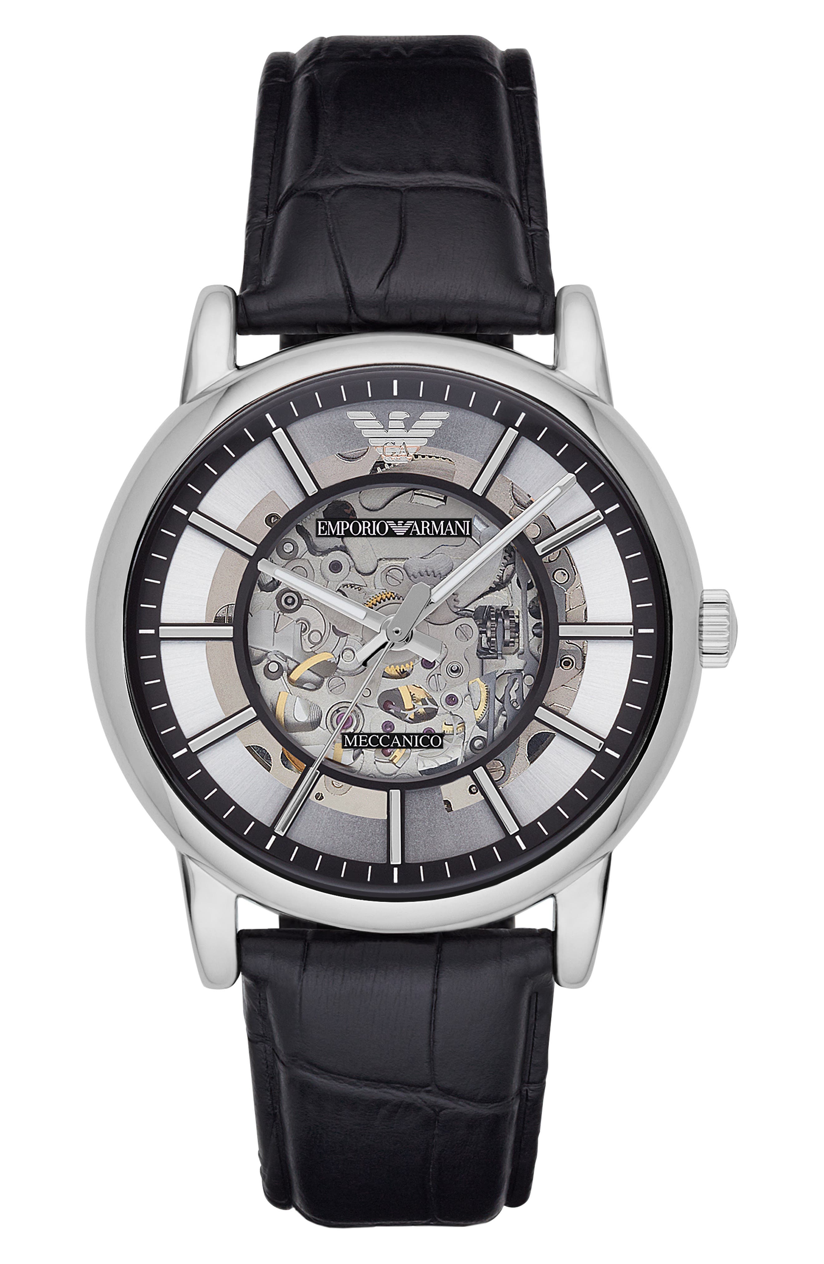 Emporio Armani Men's Automatic Skeleton Dial Leather Strap Watch, 43mm ...