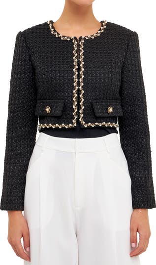 Endless Rose Premium Tweed Crop Jacket with Imitation Pearl Trim ...