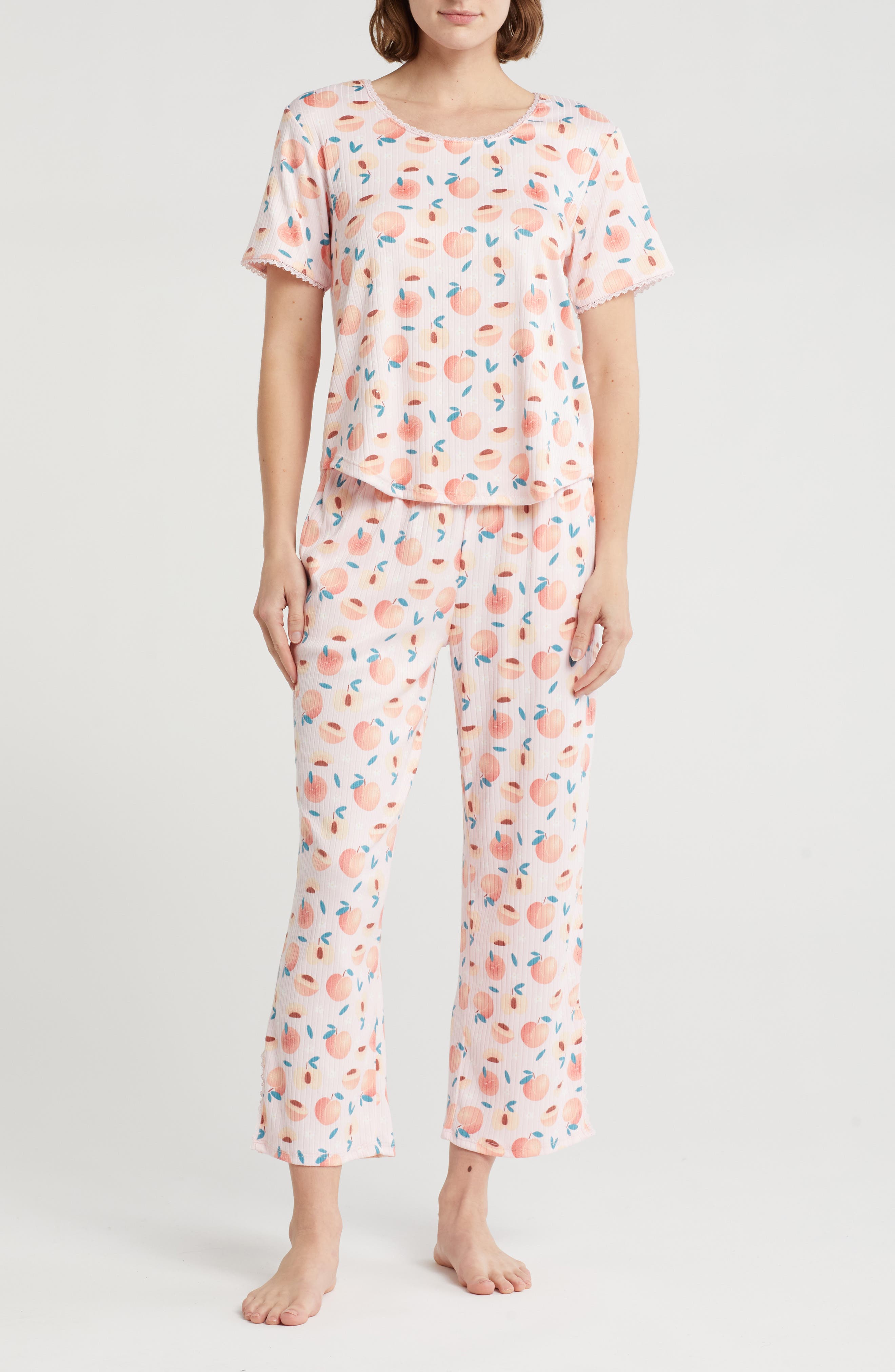 PJ COUTURE Lace Trim Ribbed T-Shirt & Capri Pajamas | Nordstromrack