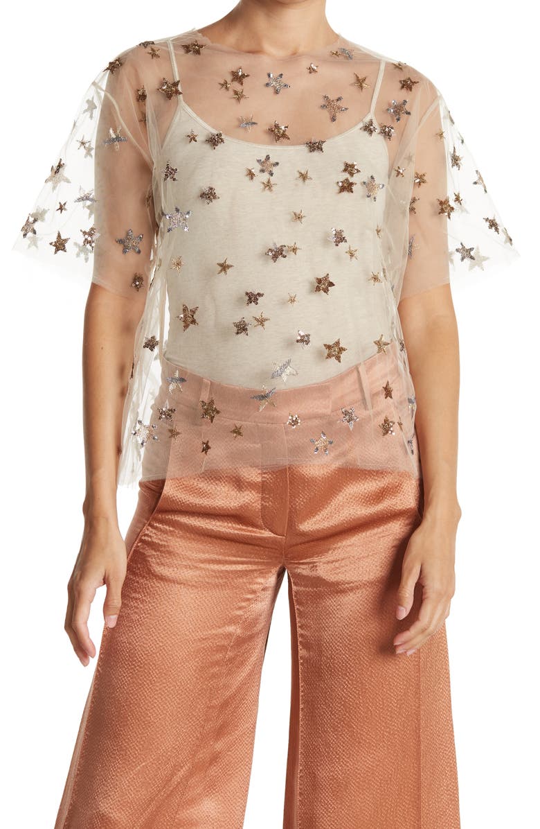 Valentino Star Embellished Sheer Short Sleeve Top | Nordstromrack