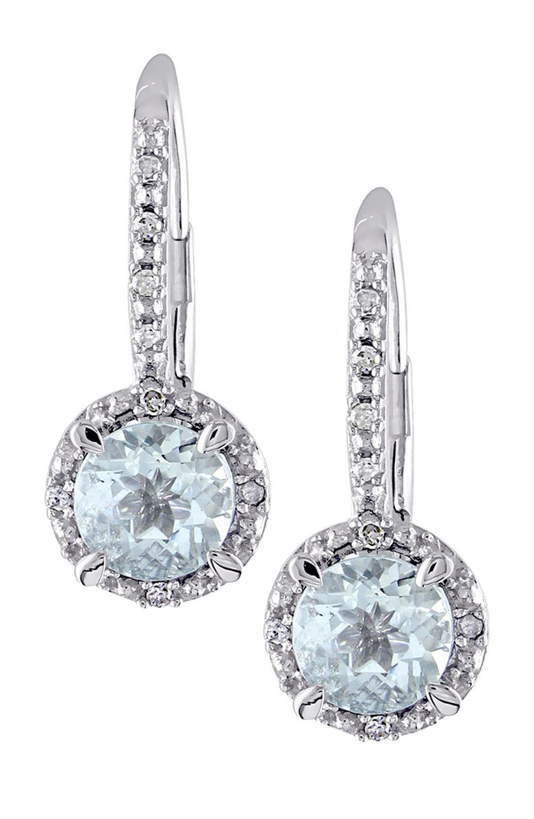 DELMAR Sterling Silver Round Aquamarine & Diamond Halo Drop Earrings ...