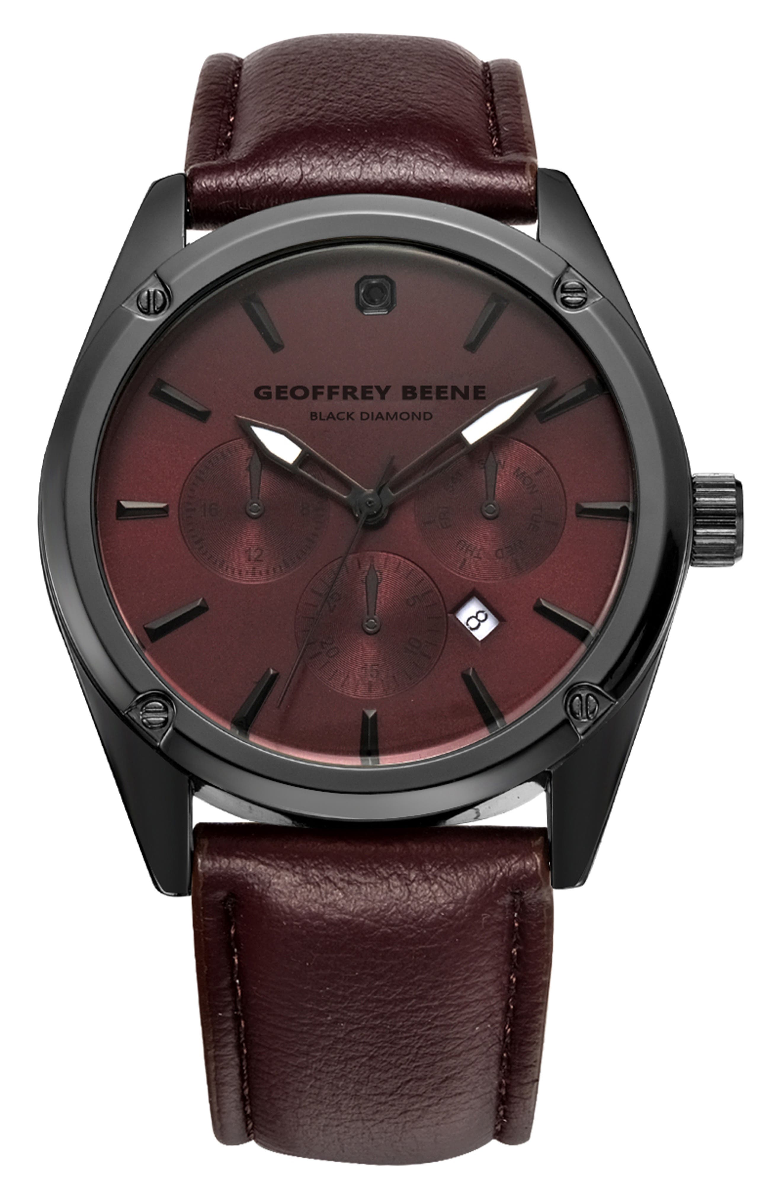 GEOFFREY BEENE Genuine Black Diamond Leather Strap Watch, 41mm - 0 ...