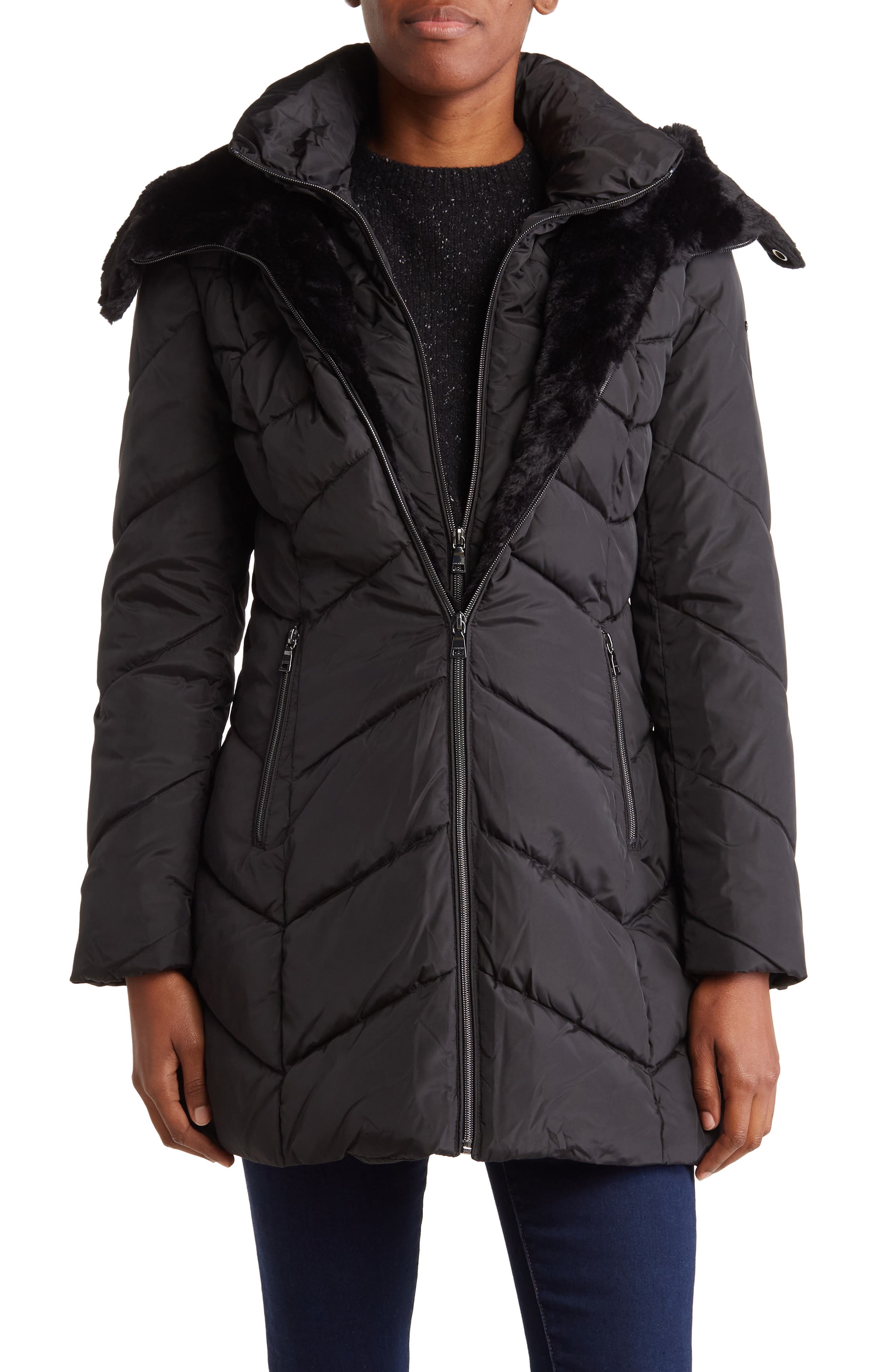 Laundry by Shelli Segal Faux Fur Trimmed Bibbed Puffer Jacket ...