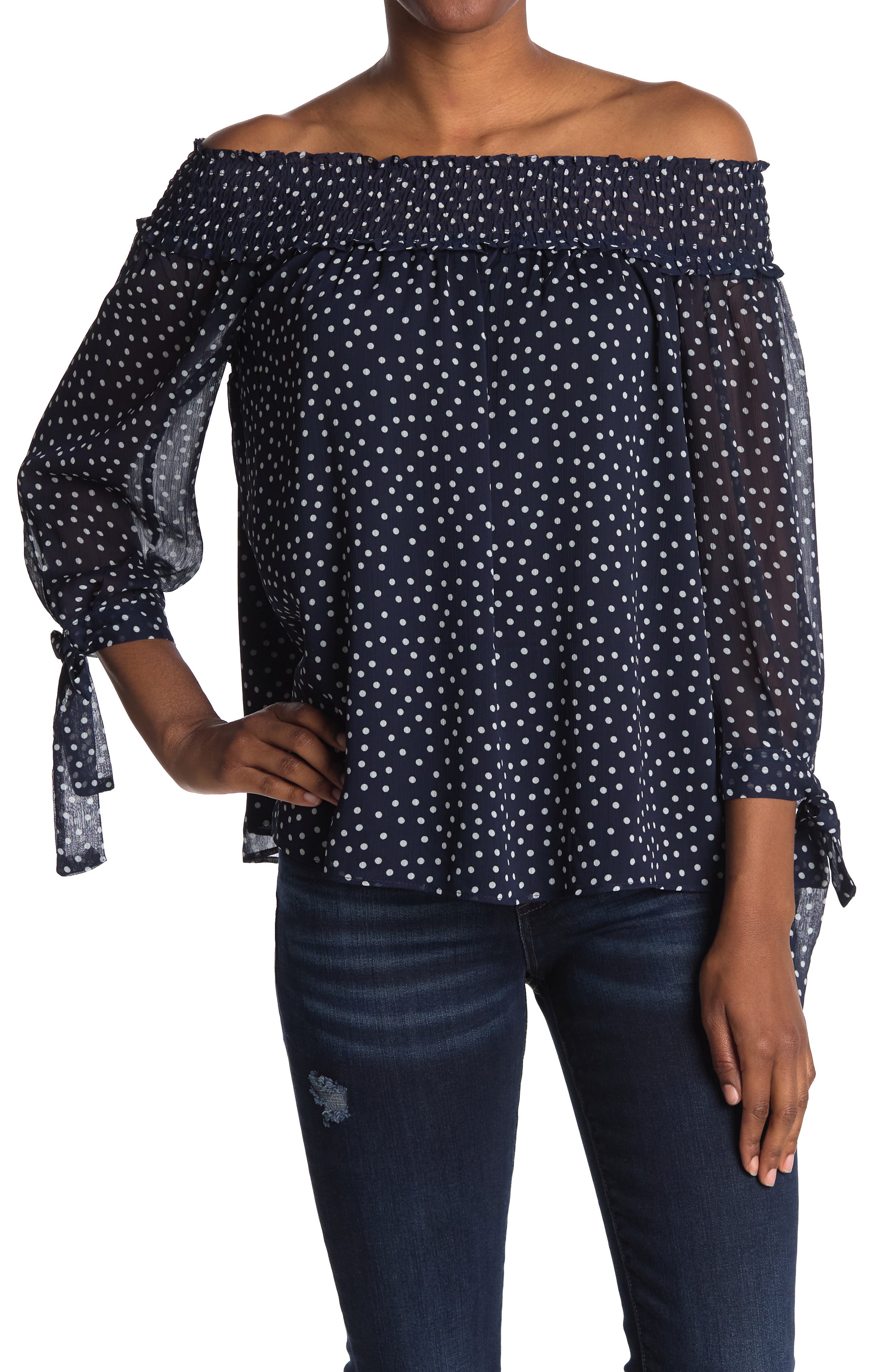 CeCe Off-the-Shoulder Tie Sleeve Dot Print Top | Nordstromrack