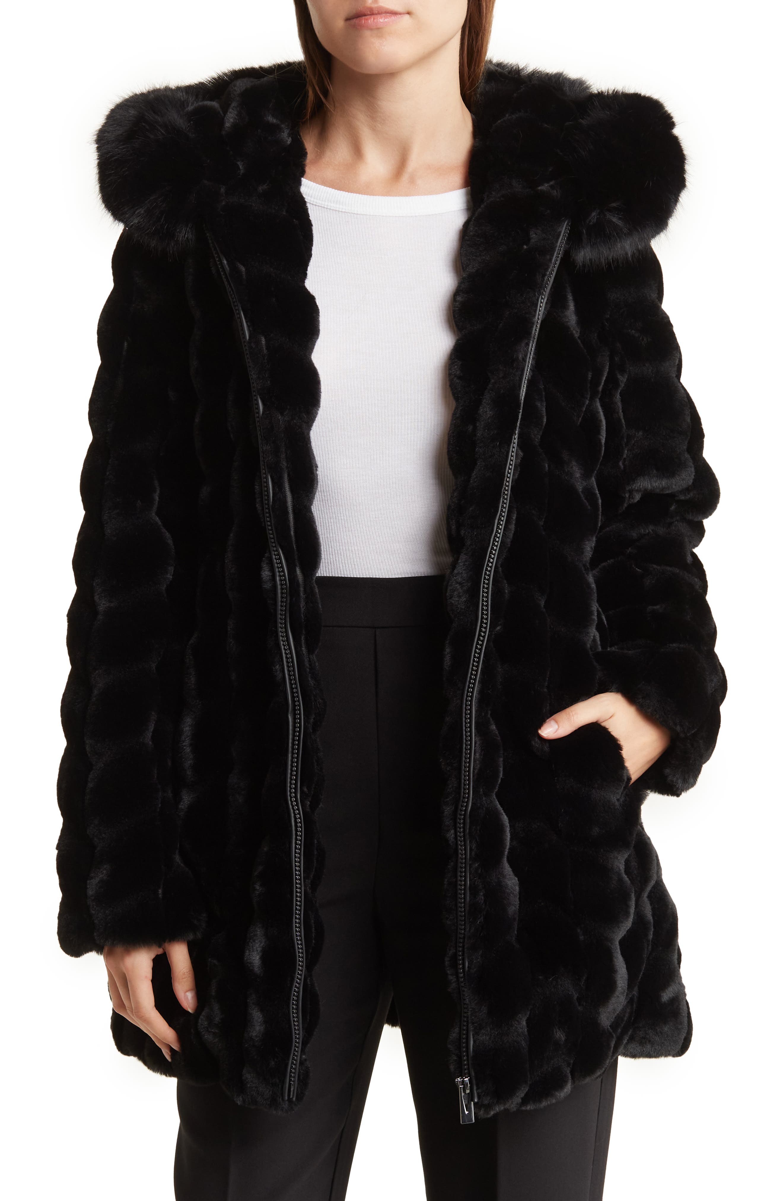 Via Spiga Grooved Faux Fur Hooded Coat | Nordstromrack