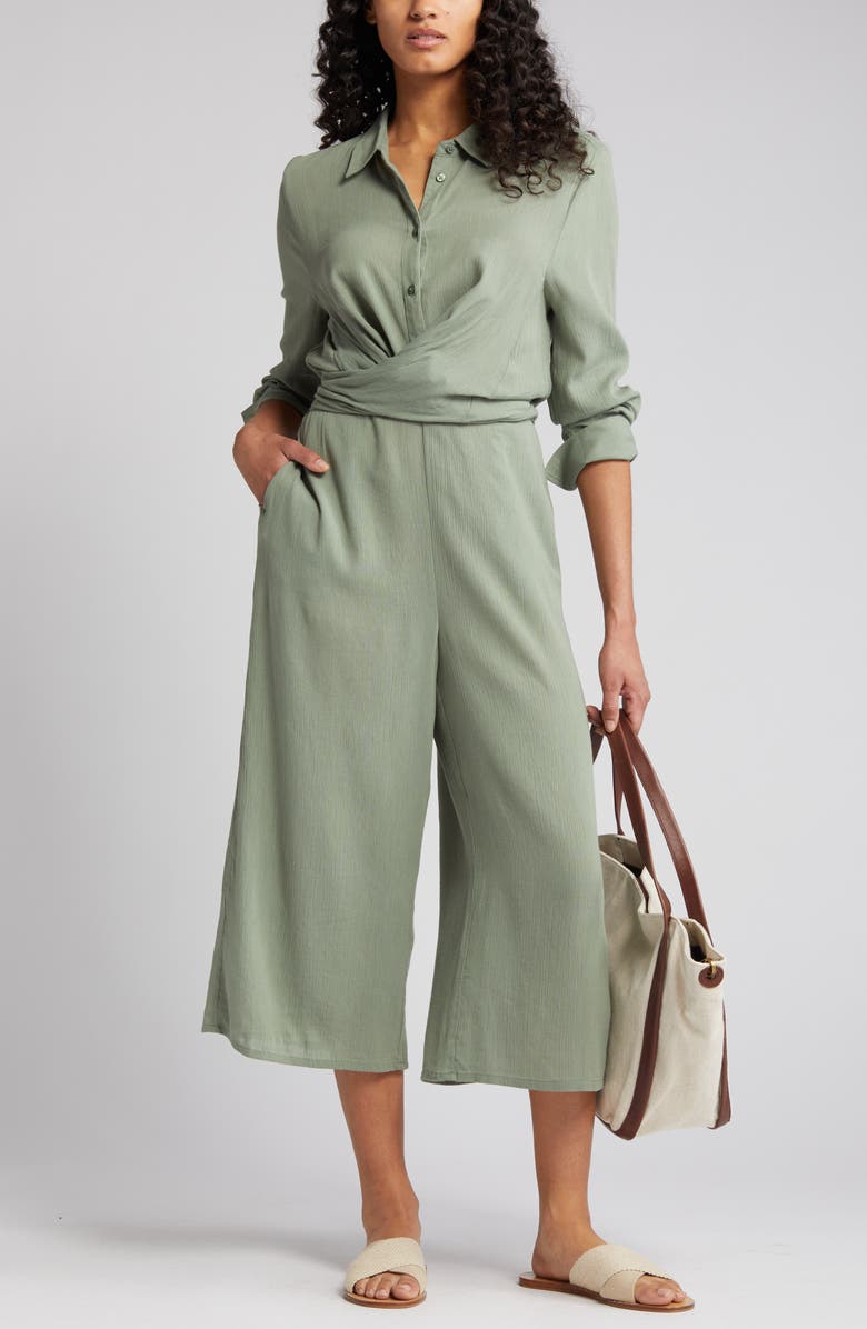 Caslon® Wrap Front Long Sleeve Cotton Blend Jumpsuit | Nordstromrack