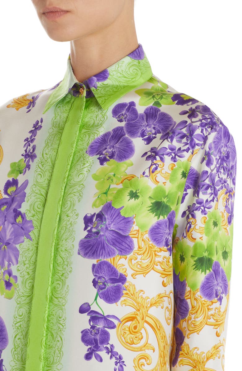 Versace Orchid Medusa Print Silk Button-Up Blouse | Nordstromrack