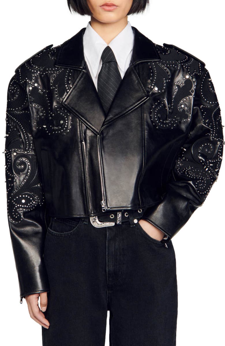 SANDRO Mariah Crop Leather Moto Jacket | Nordstrom