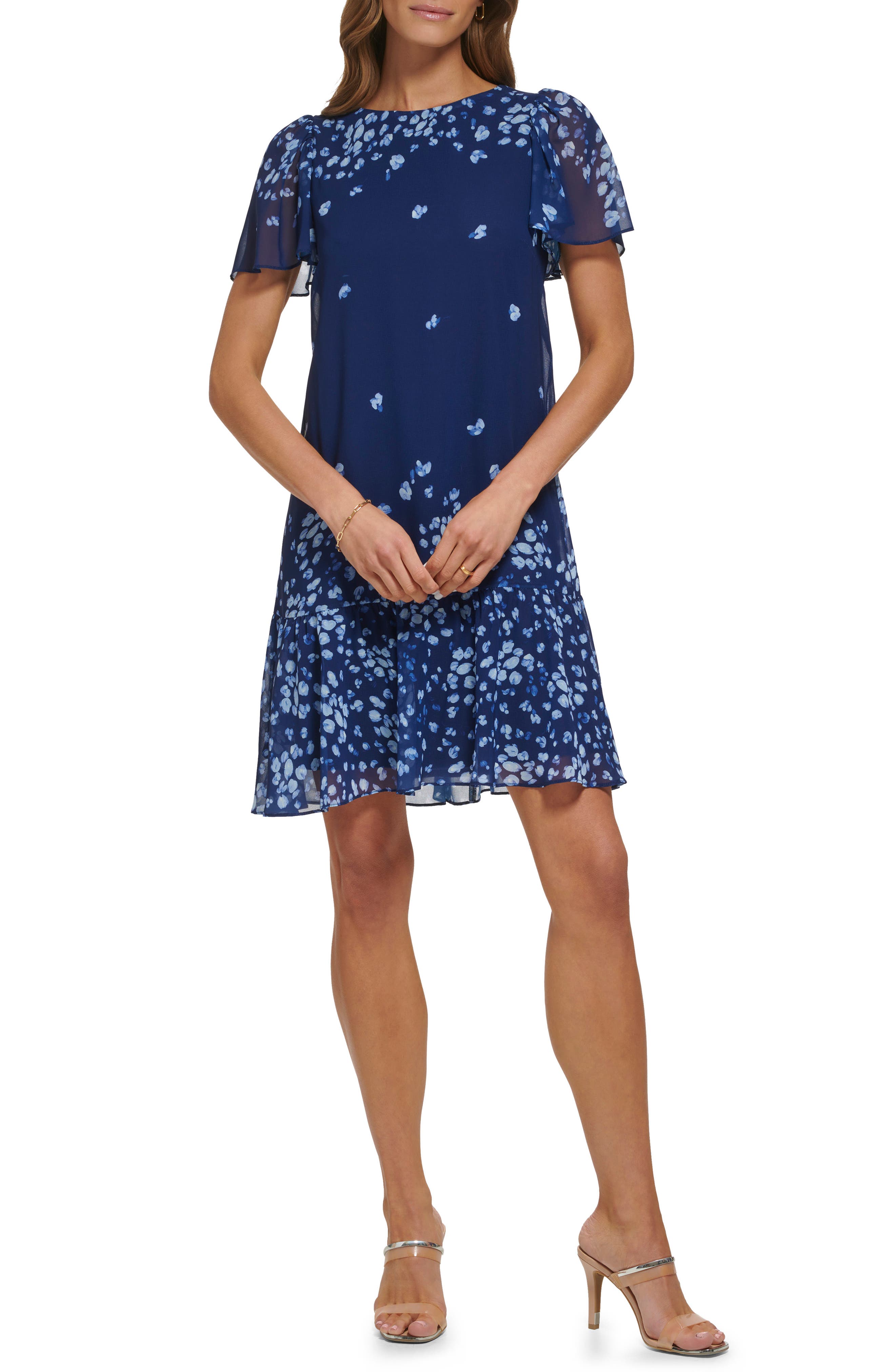 DKNY Floral Flutter Sleeve Trapeze Dress | Nordstromrack