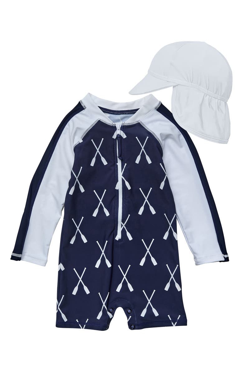 Snapper Rock Row Long Sleeve One-Piece Swimsuit & Flap Hat Set | Nordstrom