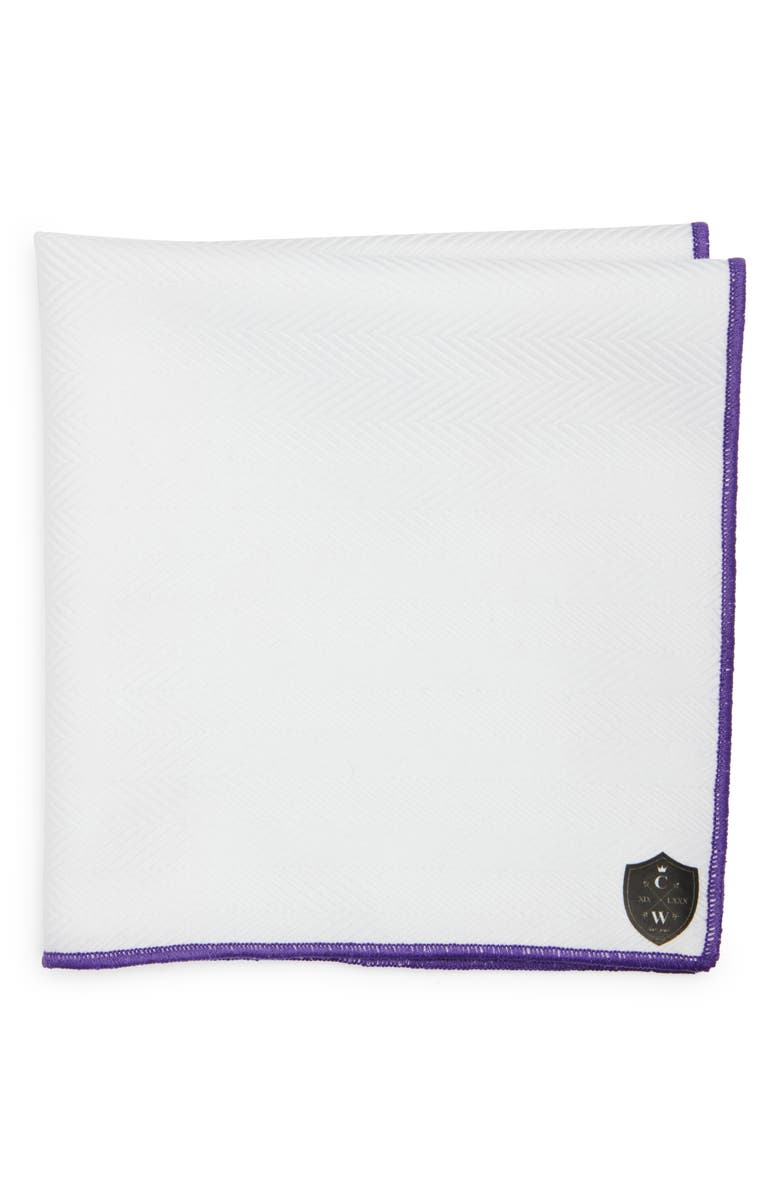 CLIFTON WILSON White Cotton Herringbone Pocket Square with Purple Trim ...