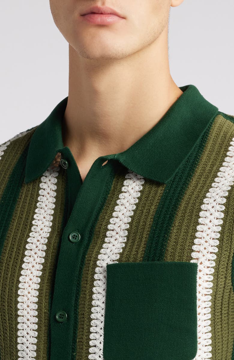 Percival Pathos Stripe Crochet Short Sleeve Organic Cotton Button-Up ...