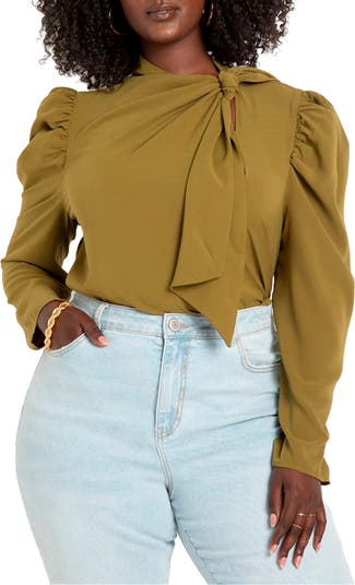 ELOQUII Tie Neck Puff Shoulder Top | Nordstrom