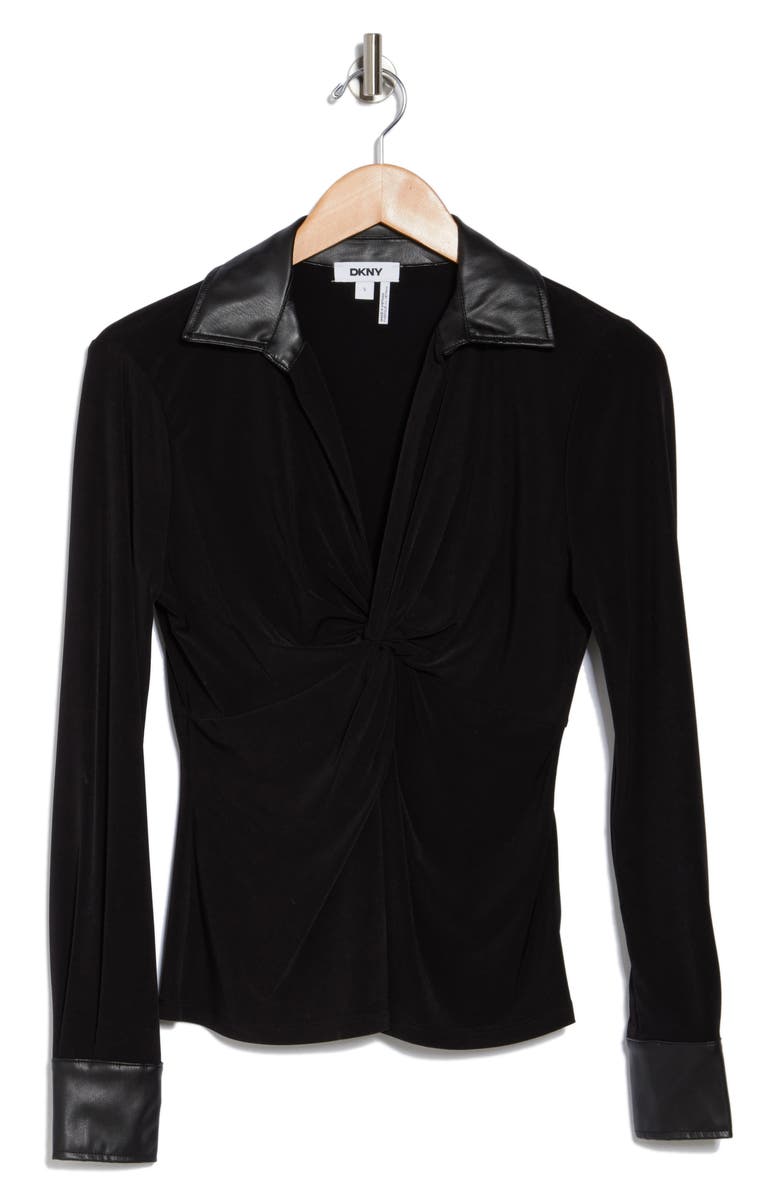 DKNY Faux Leather Contrast Long Sleeve Top | Nordstromrack
