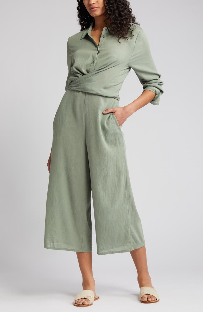 Caslon® Wrap Front Long Sleeve Cotton Blend Jumpsuit | Nordstromrack