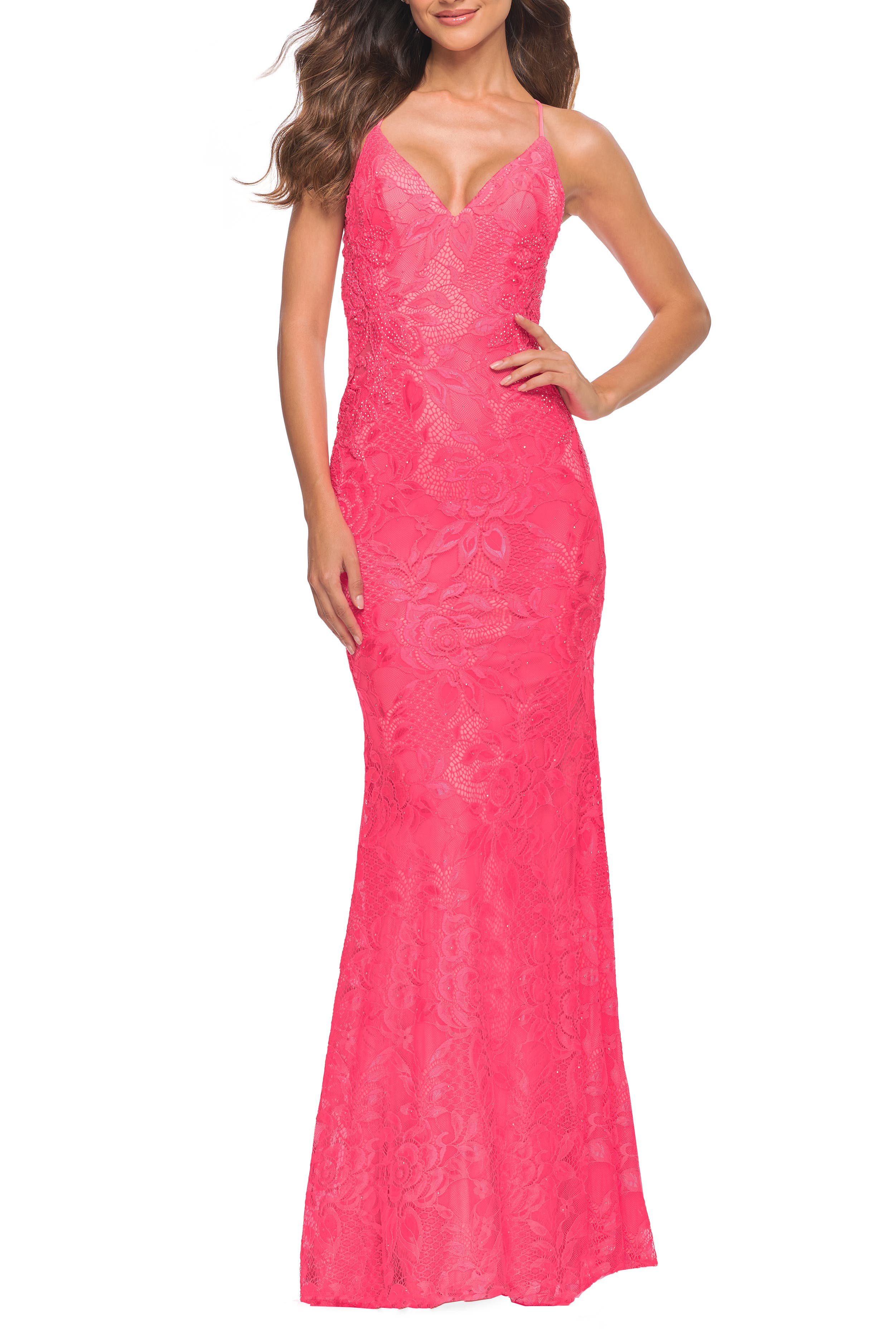 La Femme Lace Prom Dress with Illusion Embellished Sides in Neon Colors ...