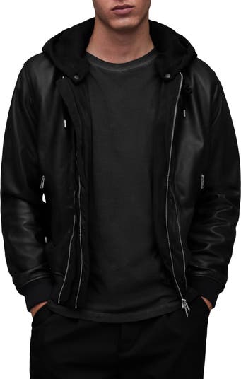 AllSaints Valk Hooded Moto Leather Jacket | Nordstrom
