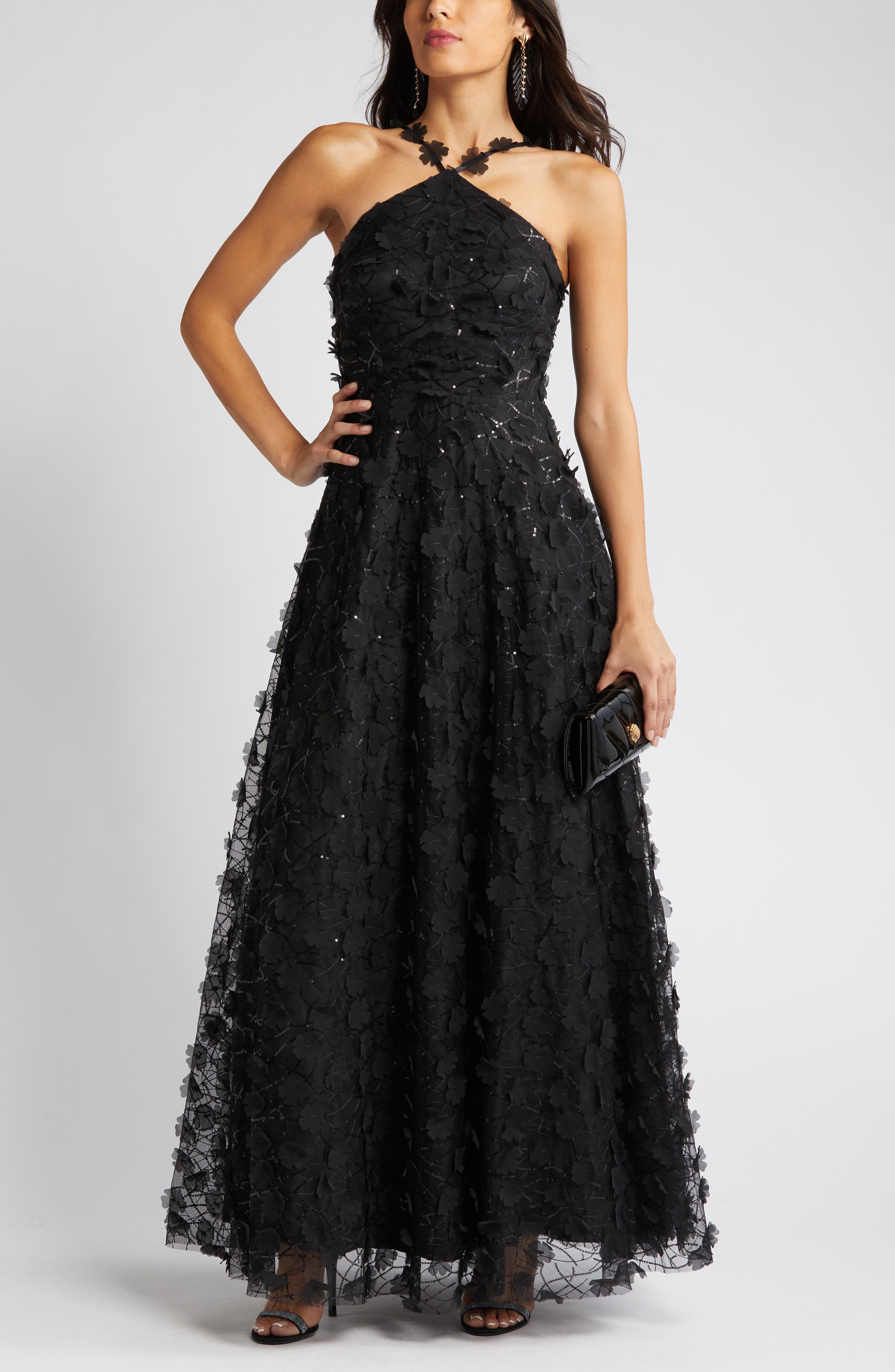 Eliza J Floating Flow Floral Sequin Halter Ballgown | Nordstrom
