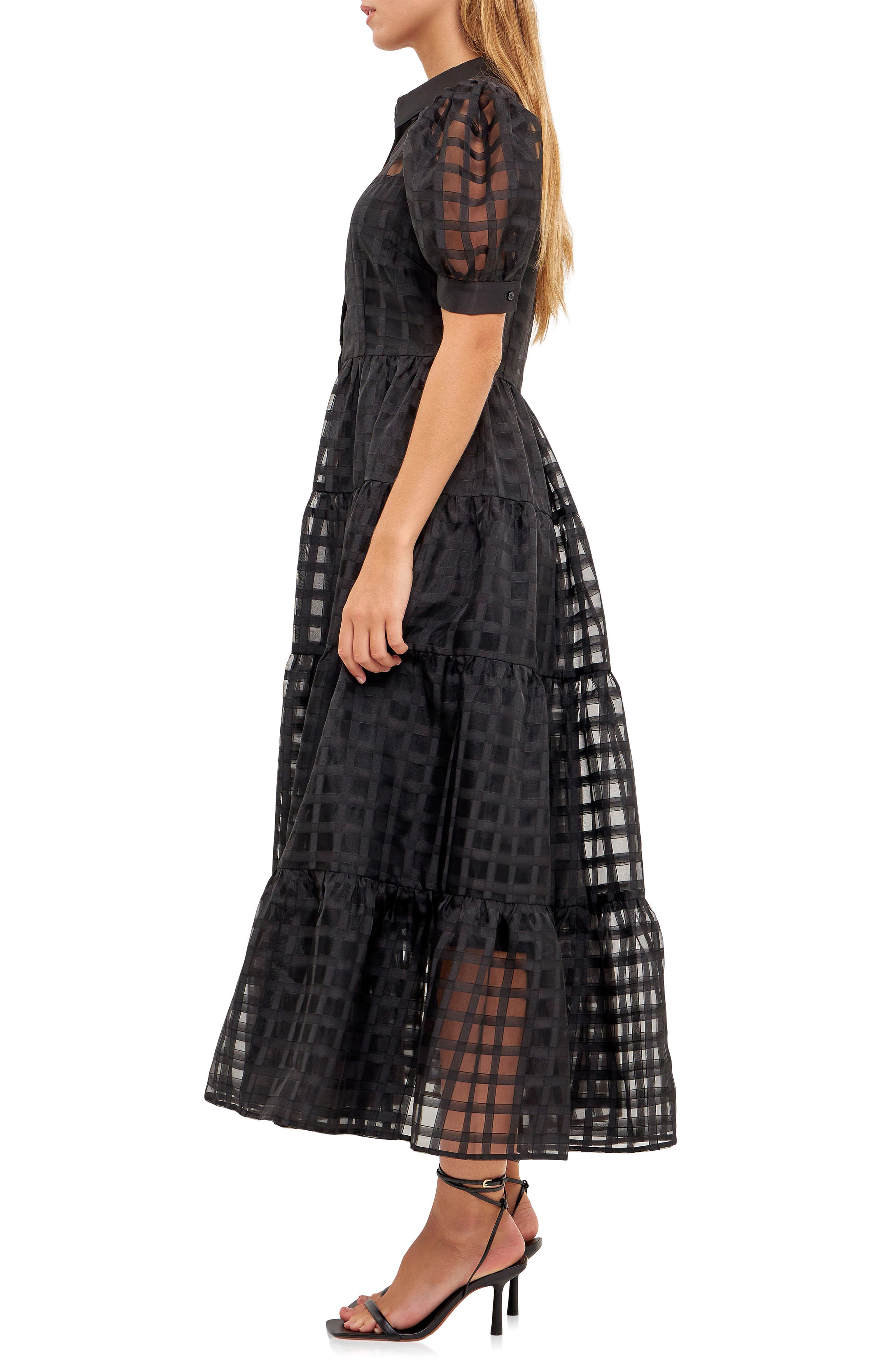 English Factory Grid Pattern Tiered Midi Shirtdress | Nordstrom