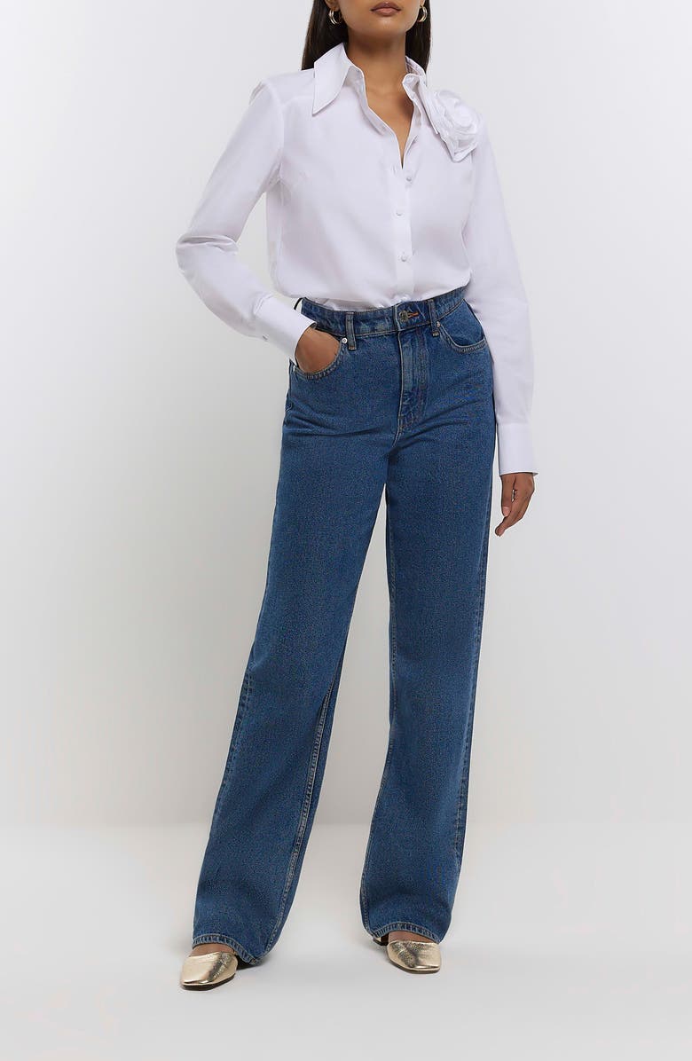River Island Trim Fit Corsage Detail Poplin Button-Up Shirt | Nordstromrack