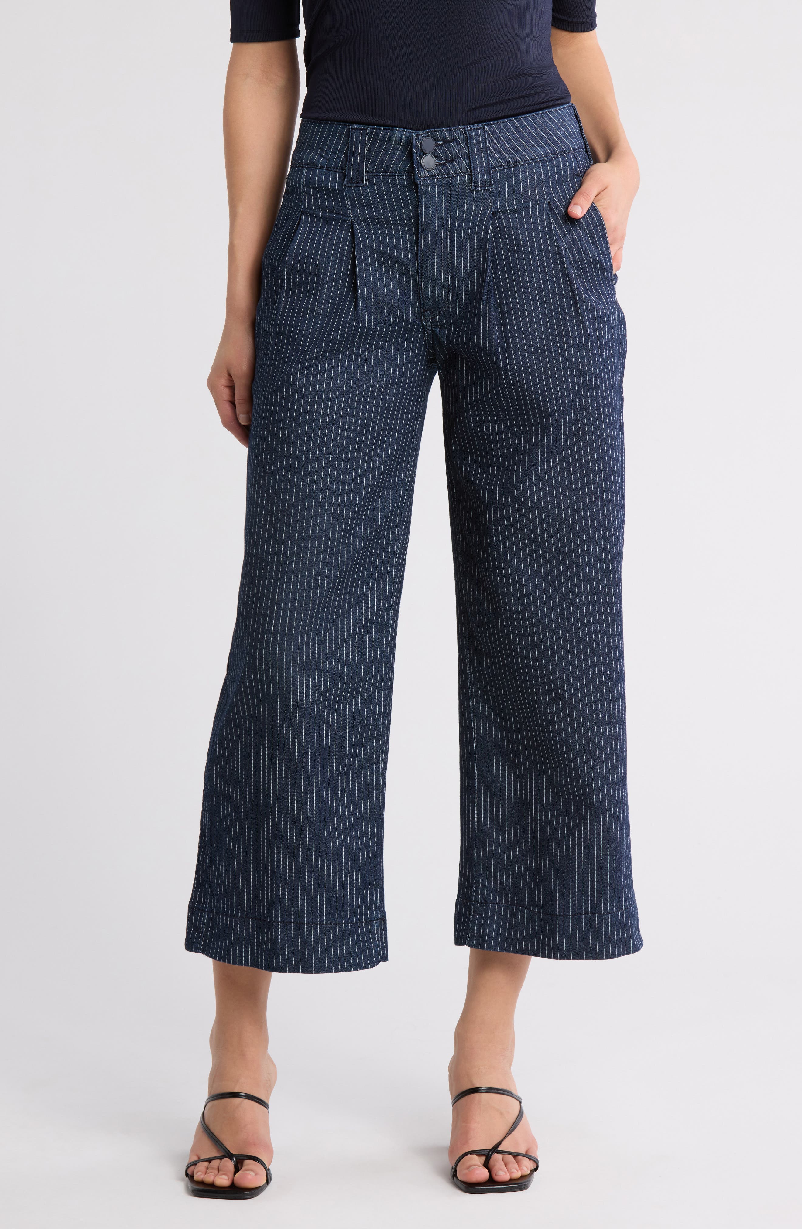 Democracy Skyrise Pinstripe Pleated Crop Wide Leg Jeans | Nordstromrack