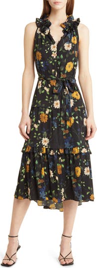 KOBI HALPERIN Ryan Floral Print Ruffle Tie Waist Midi Dress | Nordstrom