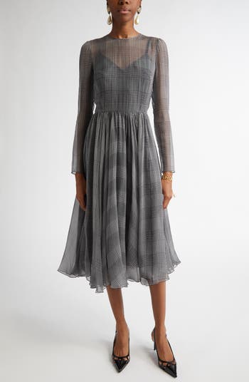 Dolce&Gabbana Glen Plaid Long Sleeve Silk Midi Dress | Nordstrom