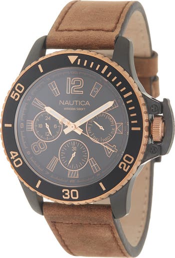 Nautica Men's Bayside Leather Strap Watch, 45mm | Nordstromrack