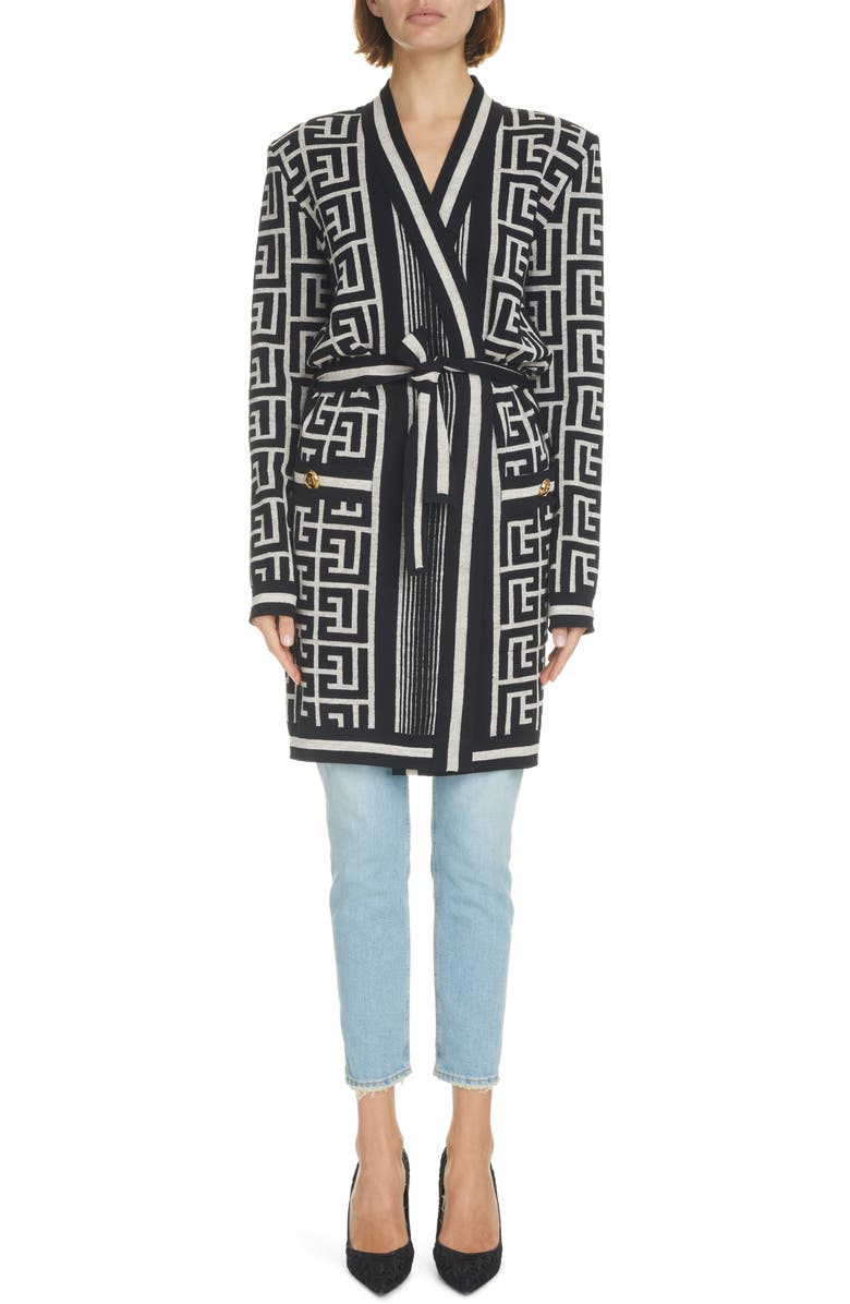Balmain Monogram Jacquard Merino Wool Blend Wrap Cardigan | Nordstrom