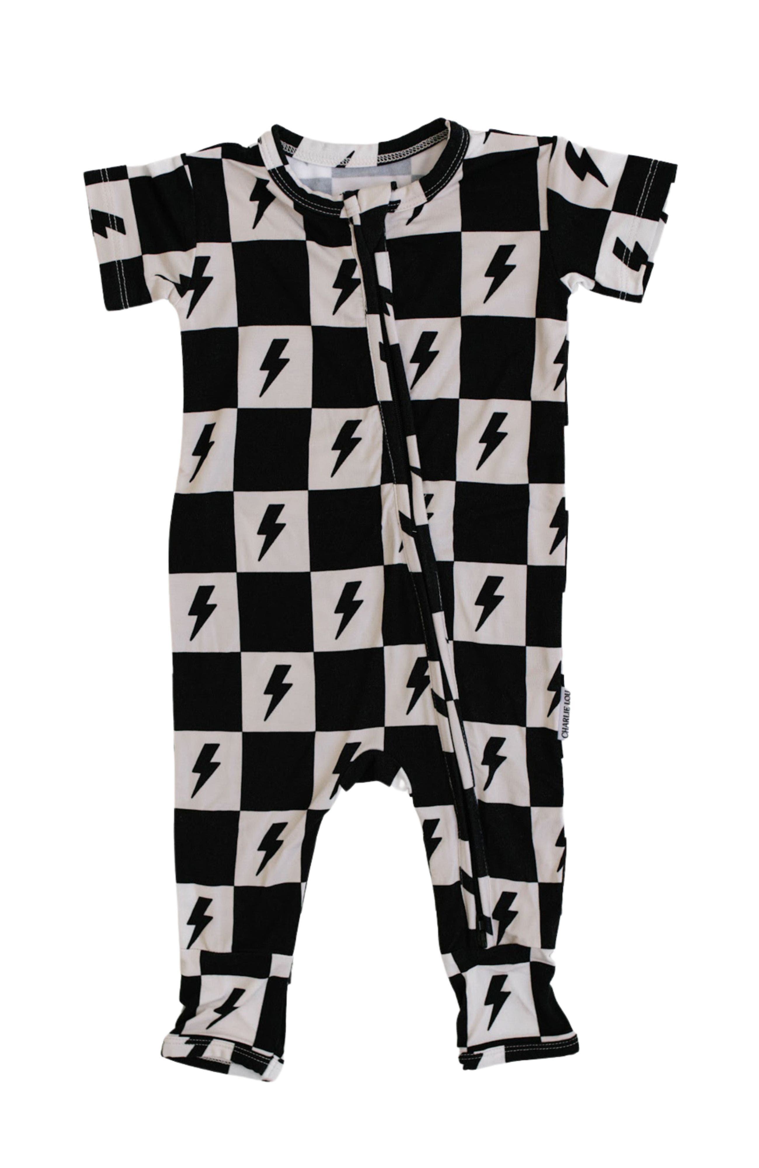Charlie Lou Baby® Checkered Lightning Bolt Short Sleeze Zip Romper ...