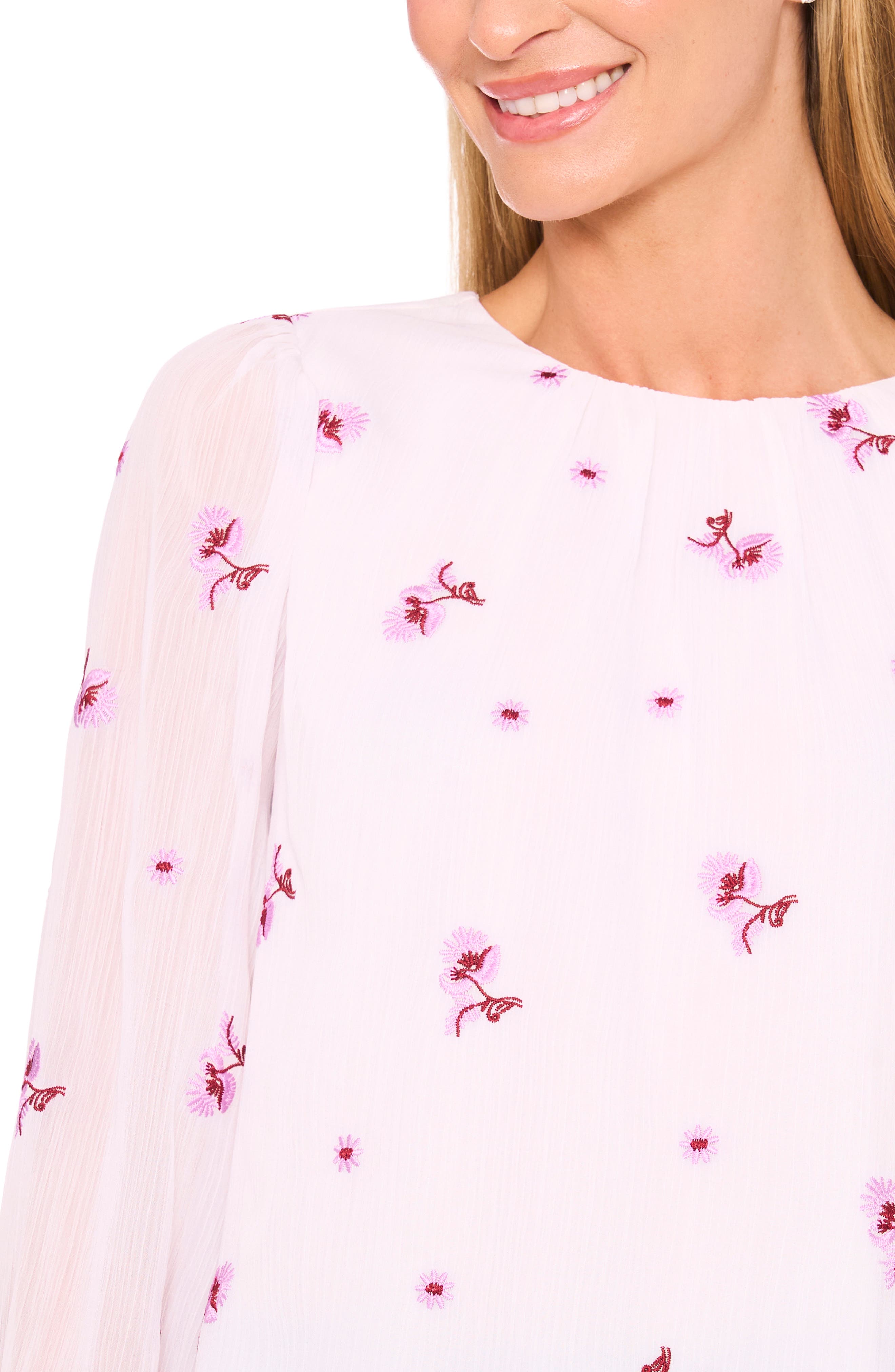 CeCe Embroidered Floral Long Sleeve Ruffle Cuff Georgette Top ...