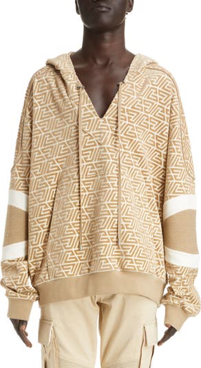 Balmain Pyramid Monogram Mixed Media Hoodie | Nordstrom
