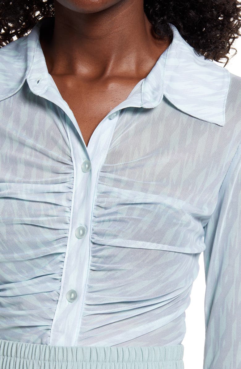 Open Edit Ruched Mesh Button-Up Shirt | Nordstrom