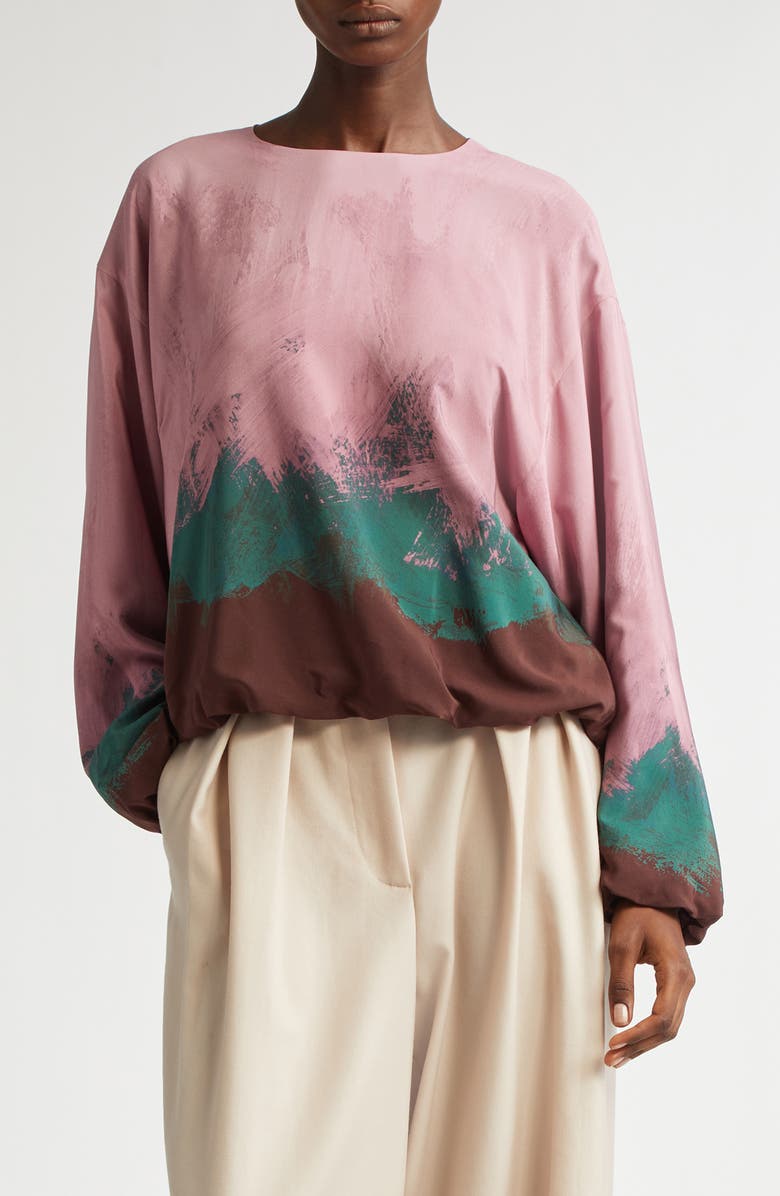 Dries Van Noten Capo Abstract Brushstroke Bubble Hem Stretch Silk Top ...