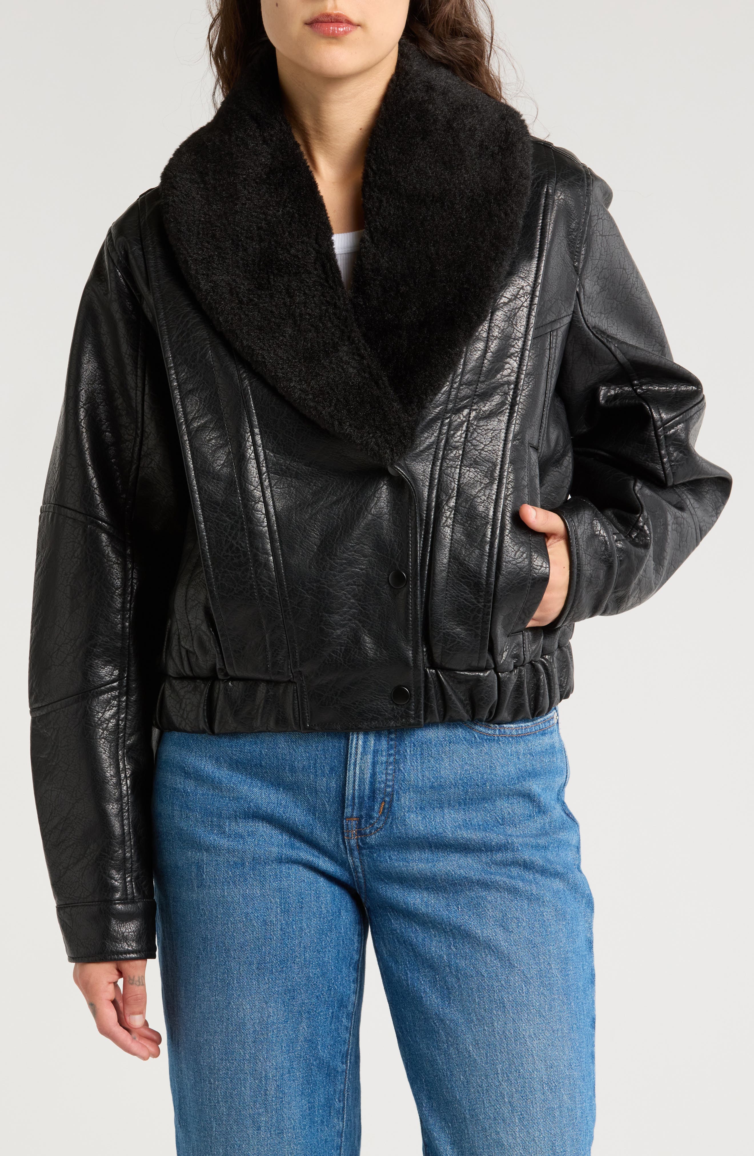 BLANKNYC In the Moment Faux Fur Collar Faux Leather Bomber Jacket ...