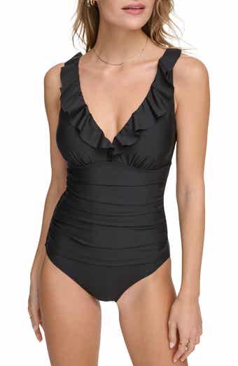 DKNY Deep V-Neck Keyhole Twist One-Piece Swimsuit DKNY Deep V-Neck Keyhole Twist One-Piece Swimsuit